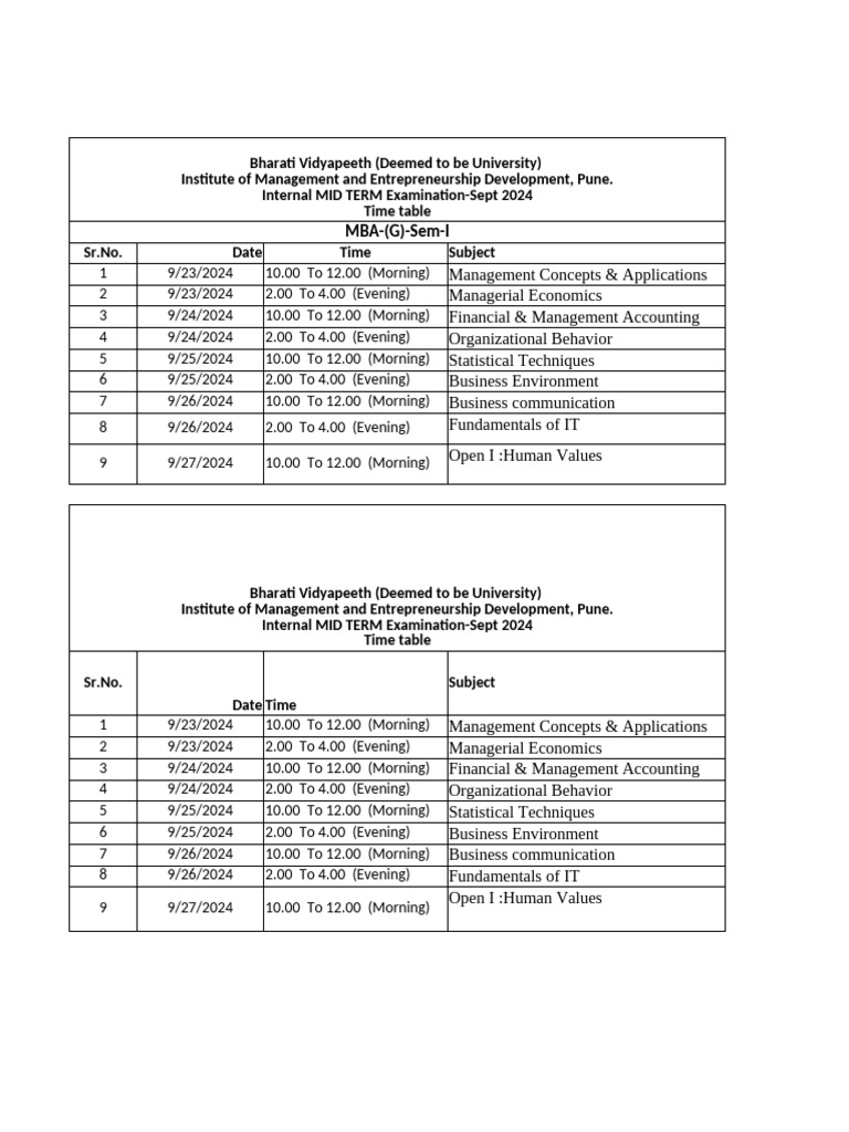 Midterm Examination Sept 2024time Table | PDF