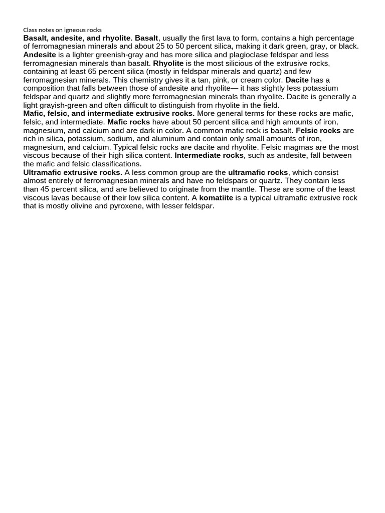 Notes On Igneous Rocks | PDF