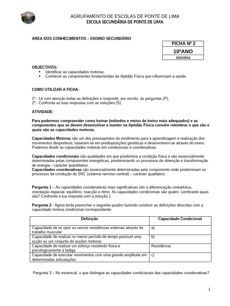 AEPL Ficha #2 10ºano - Capacidades | PDF