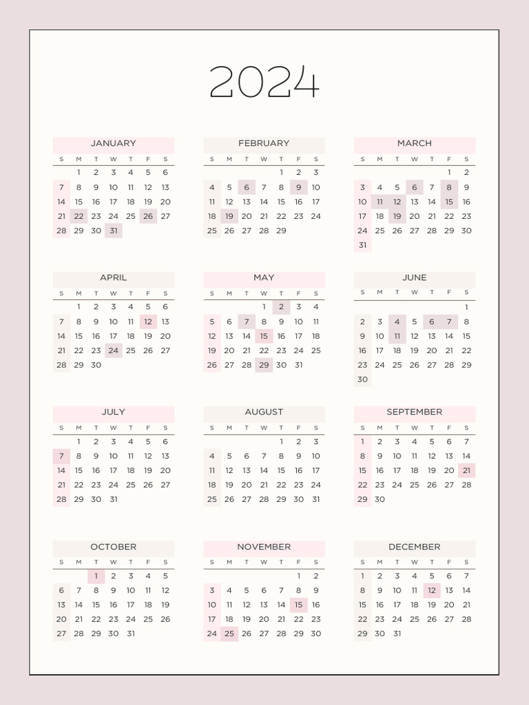 Light Pink and Cream Feminine 2024 Annual Calendar Planner | PDF