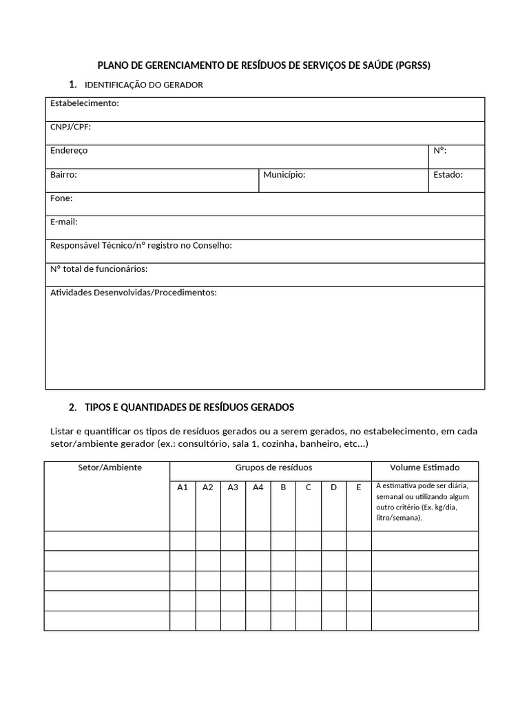 Plano de Gerenciamento de Resíduos de Saúde (PGRSS) | PDF