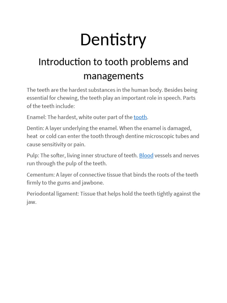 Dentistry: Introduction To Tooth Problems and Managements | PDF