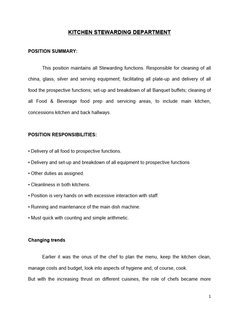 Kitchen Stewarding Department | PDF