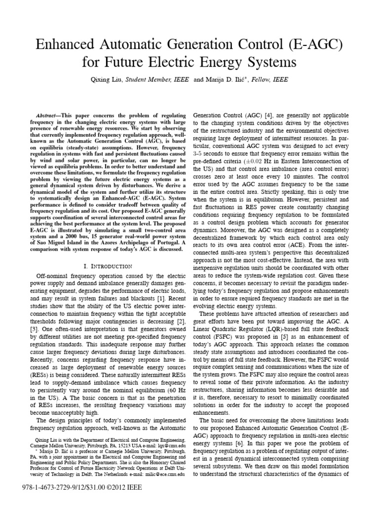 Enhanced Automatic Generation Control E-AGC For Future Electric Energy Systems | PDF