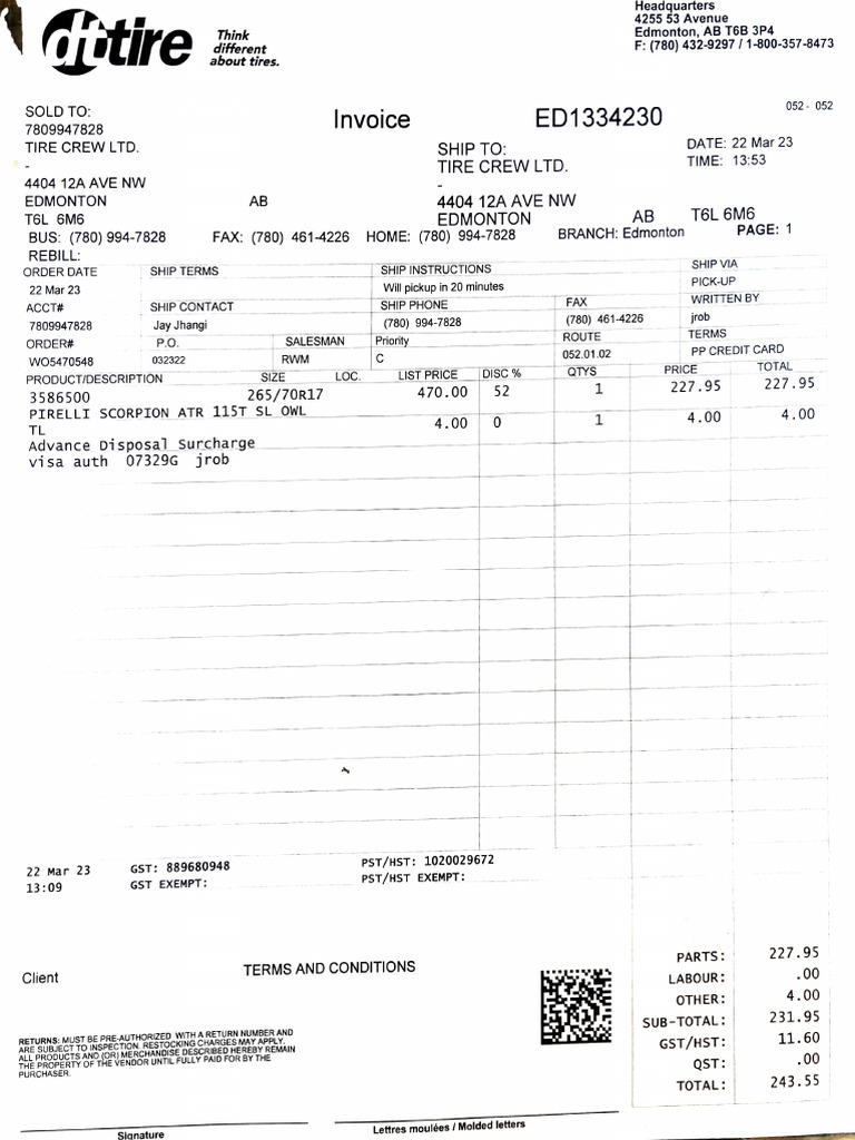 #720871 Tire Invoice Fenkell | PDF