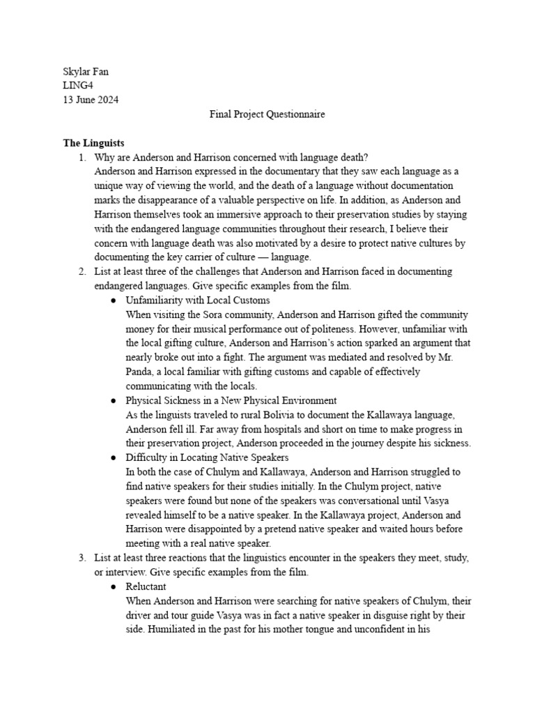 Final Project Questionnaire | PDF