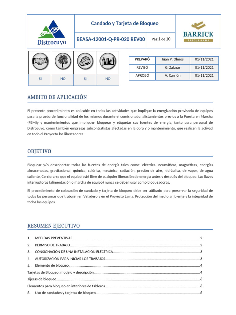 BEASA-12001-Q-PR-020 REV00 - CANDADO Y TARJETA DE BLOQUEO - Rev.0 | PDF