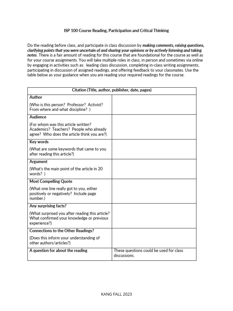 ISP100 Critical Reading Sheet | PDF