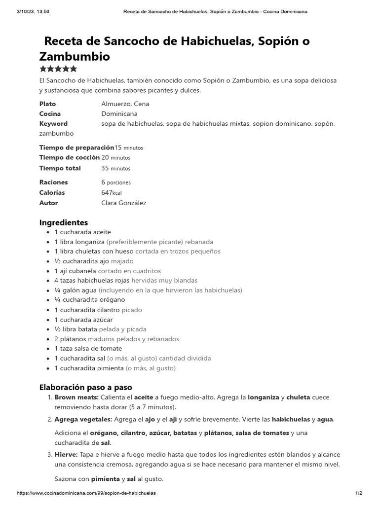Receta de Sancocho de Habichuelas, Sopión o Zambumbio - Cocina ...