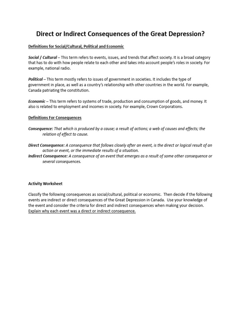 Direct or Indirect Consequences of The Great Depression Worksheet (NE ...