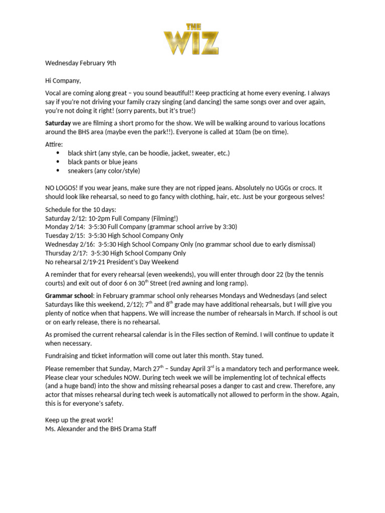 Wednesday February 9th Cast Message | PDF