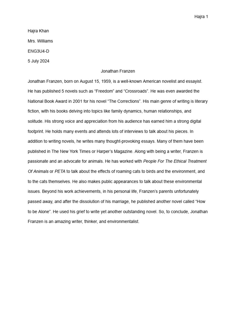 Jonathan Franzen Paragraph Unit 2 Act 1 | PDF