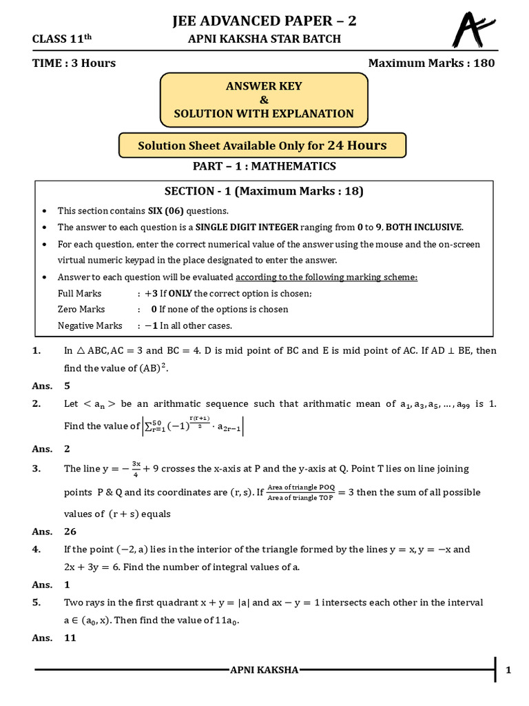 Answer Key & Solution Explanation, JEE ADVANCED Paper - 02 Star Batch, 17 Sep 2023 | PDF