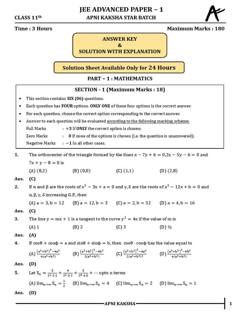 Answer Key Solution Explanation Jee Advanced Paper 01 Star Batch