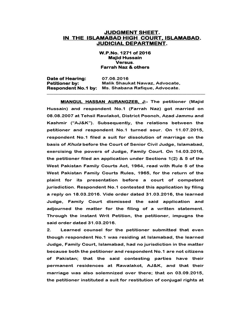 Judgment Sheet. in The Islamabad High Court, Islamabad. Judicial Department | PDF