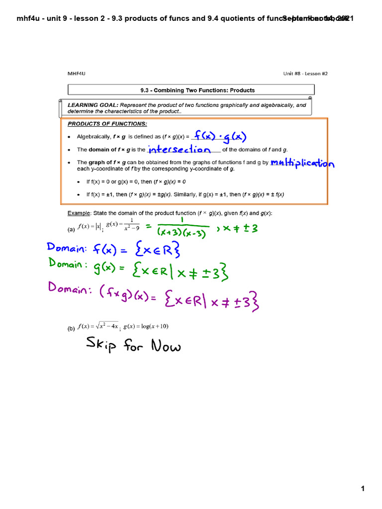 Mhf4u - Lesson 9.3 and 9.4 Complete Solutions | PDF
