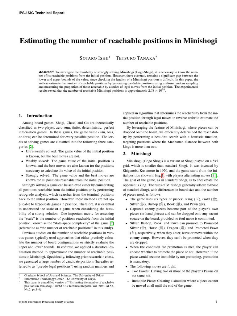 Estimating The Number of Reachable Positions in Minishogi: S I T T | PDF