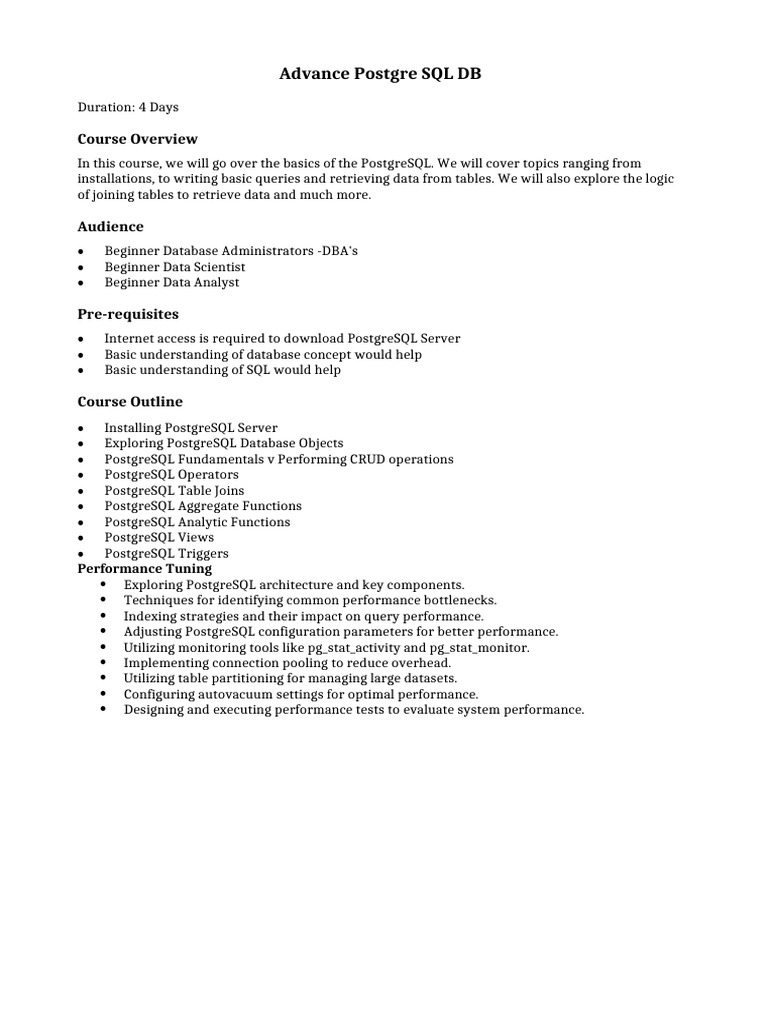 Advance Postgre SQL DB Course Outline | PDF | Career & Growth | Computers
