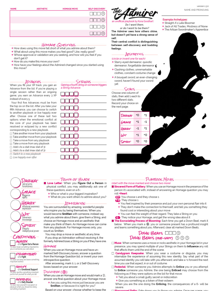 Admirer Playbook - Character Sheets Formfillable | PDF