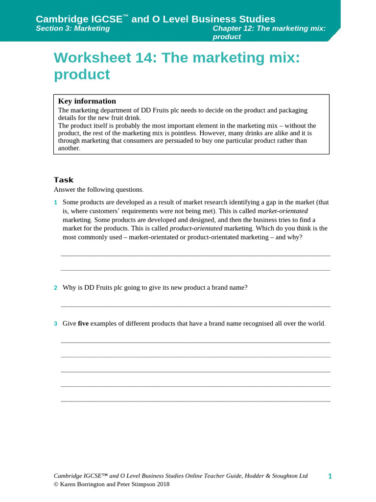 Worksheet 14 - The Marketing Mix - Product (1) 22 | PDF