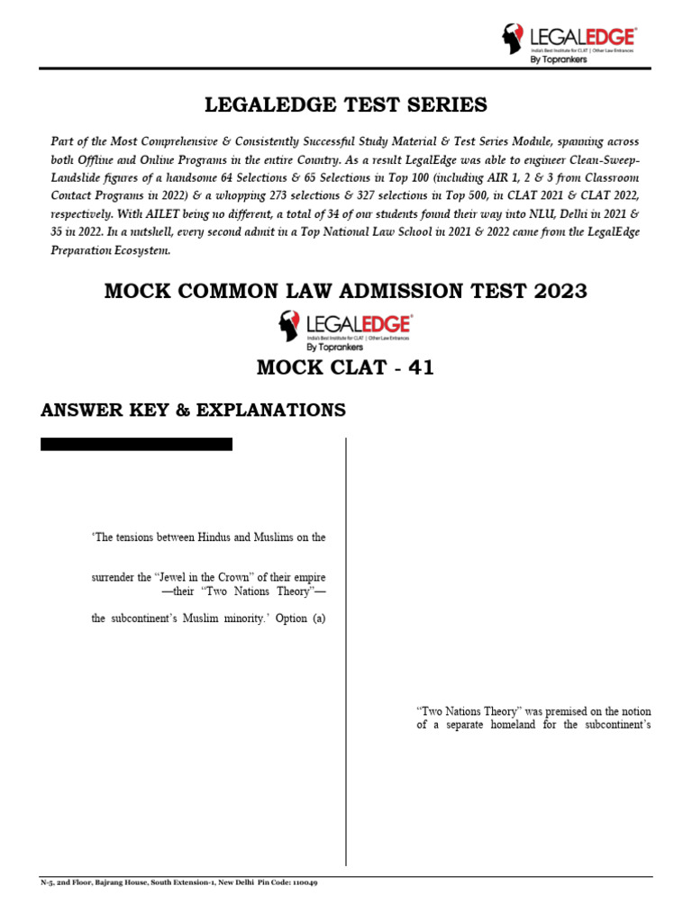 Mock CLAT 41 Explanations - Delhi | PDF