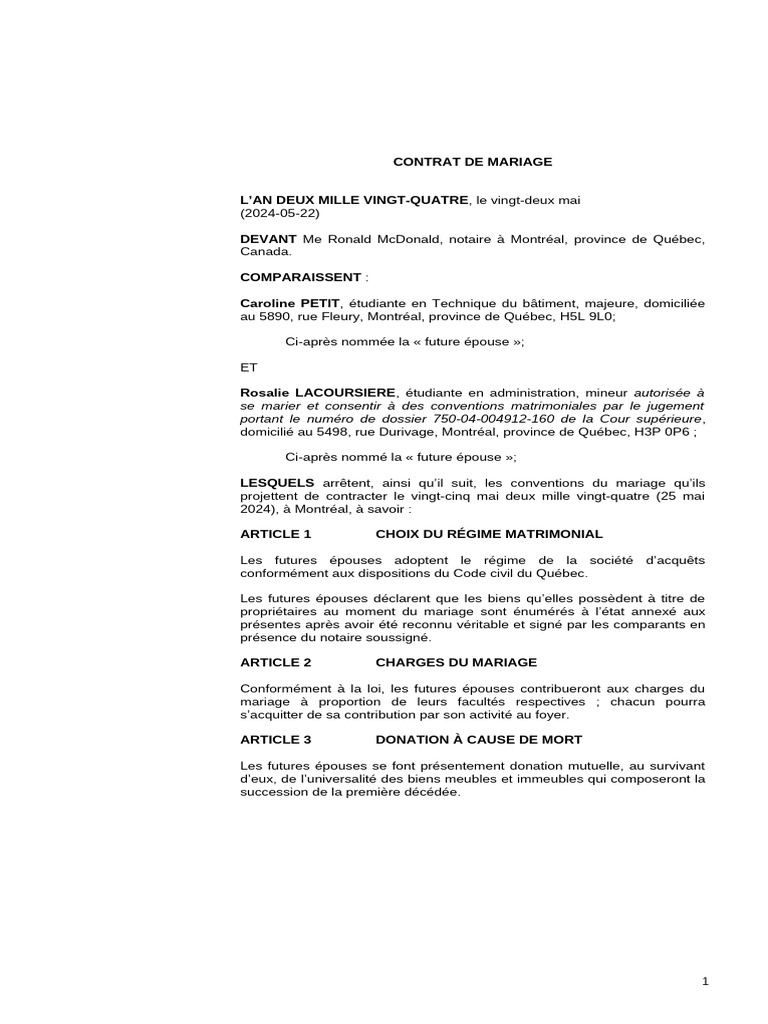 Projet de Contrat de Mariage | PDF
