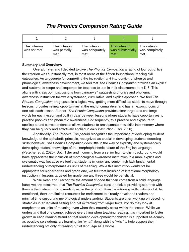 The Phonics Companion Rating Guide - Tyler Ross & Kean Lanti | PDF