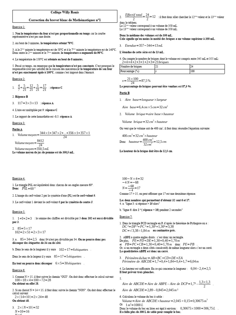 Correction Brevet Blanc Janvier 2023 | PDF