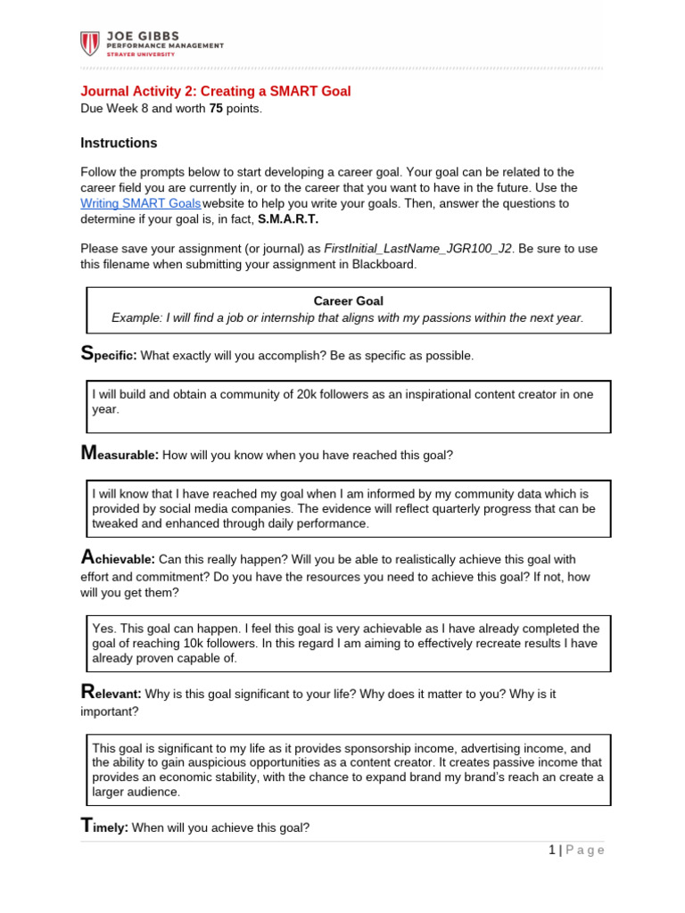 JGR100 Journal 2 Creating SMART Goal | PDF
