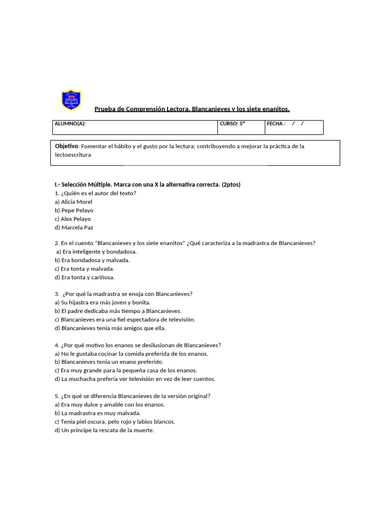 Comprensión Lectora. Blancanieves 2018 5 Año | PDF