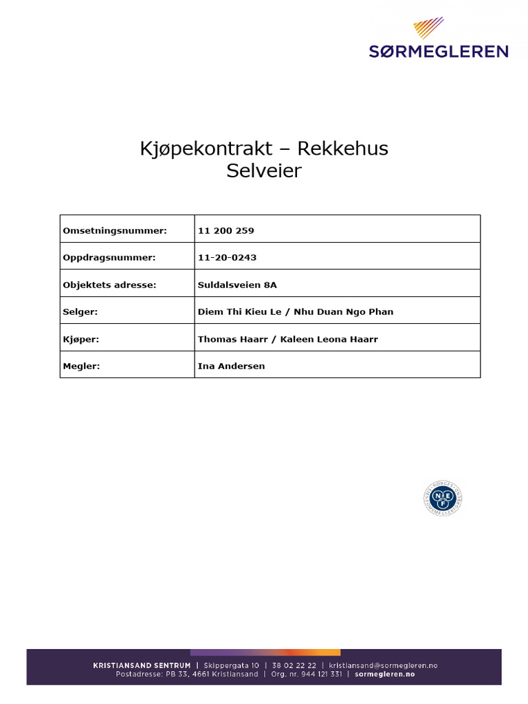 01.kjøpekontrakt Selveiereierseksjon | PDF