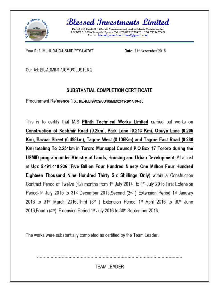 Substantial Completion Certificate | PDF | Business | Science & Mathematics