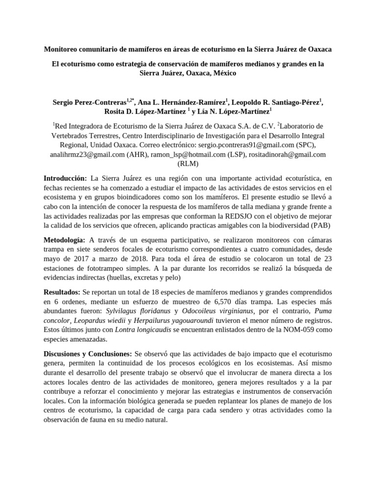 Monitoreo Comunitario de Mamíferos en Áreas de Ecoturismo en La Sierra Juárez de Oaxaca ...