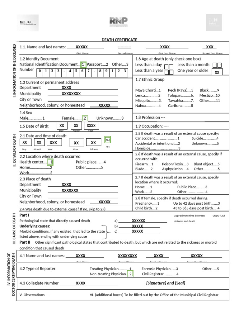 Honduras Death Certificate Template | PDF