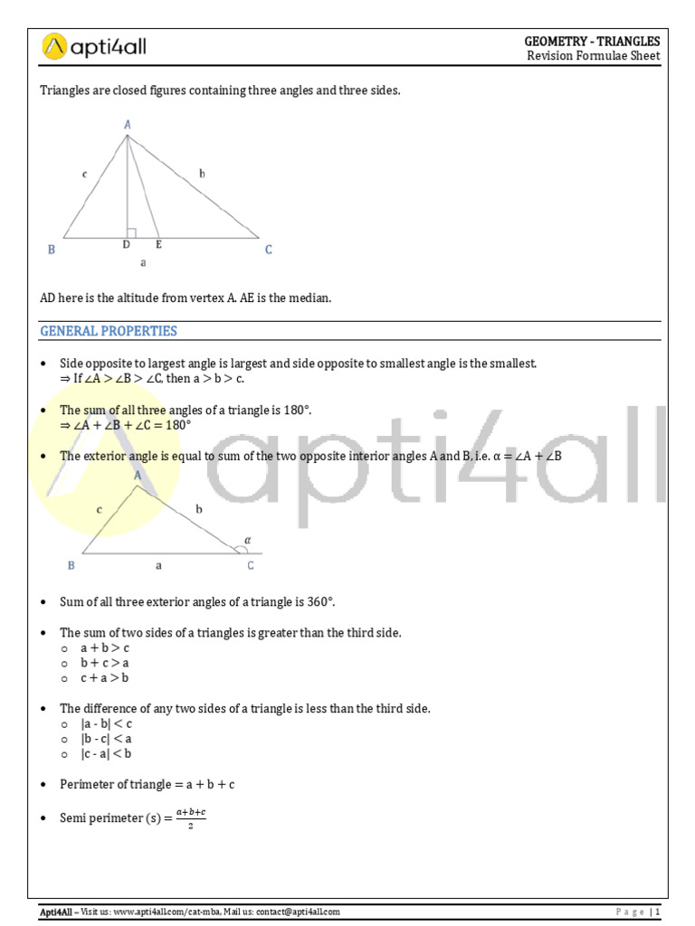 Triangles Formulae Sheet Apti4All | PDF | Triangle | Elementary Geometry