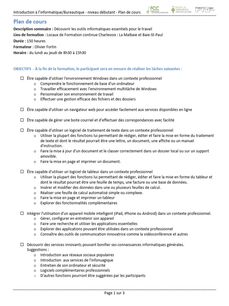 Plan de Cours Introduction Informatique Bureautique | PDF