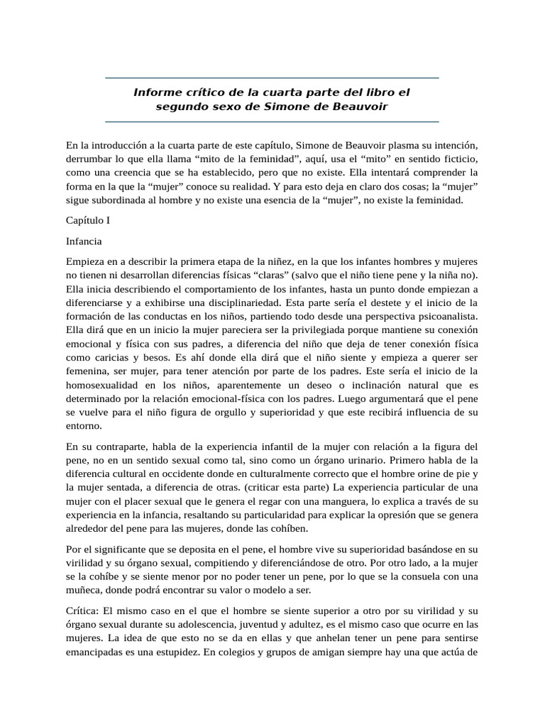 Informe Crítico de La Cuarta Parte Del Libro El Segundo Sexo de Simone de Beauvoir | PDF