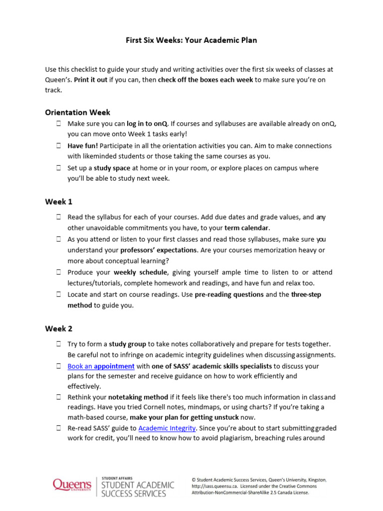 First Six Weeks Academic Plan | PDF
