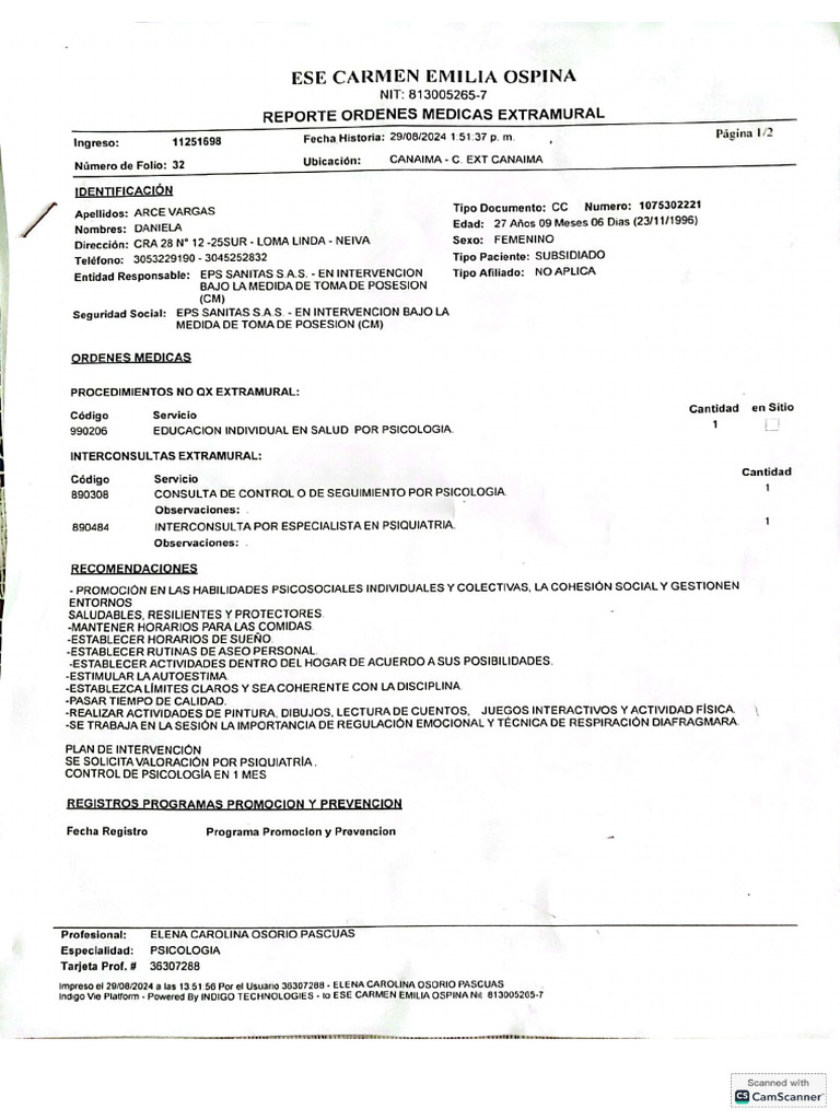 Historia Clínica Psicología Daniela Arce | PDF