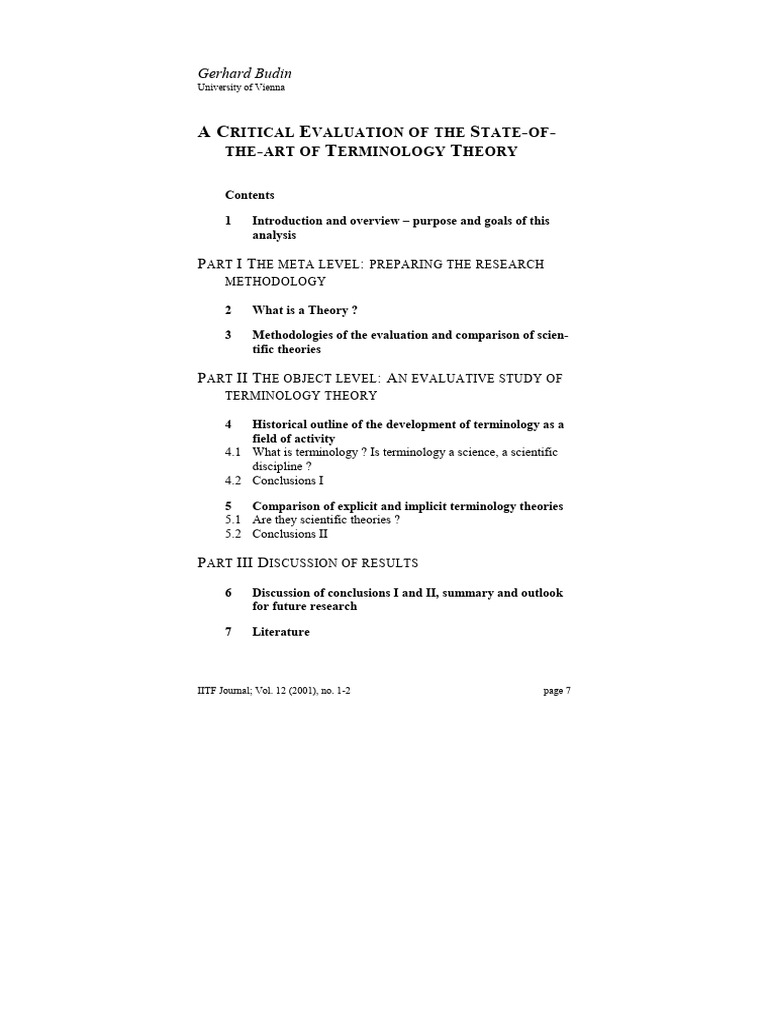 BUDIN, 2001. A Critical Evaluation of The State of The Art of Terminology Theory | PDF