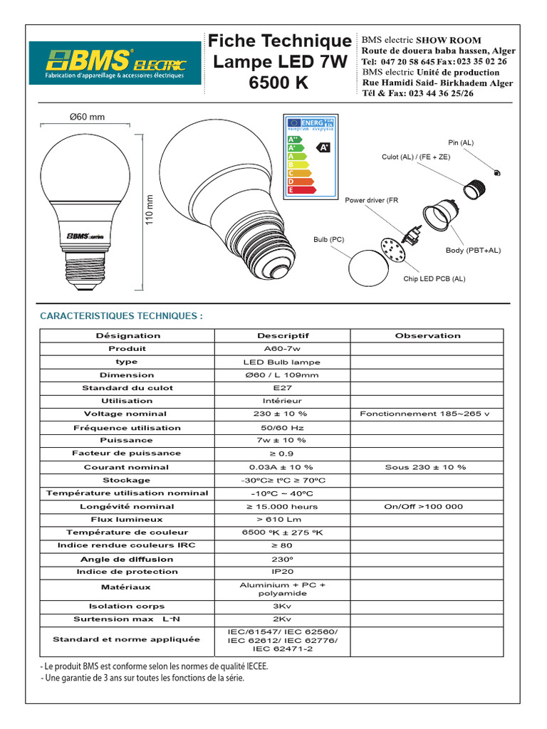 Fiche Technique Lampe LED 7W 6500K BMS | PDF