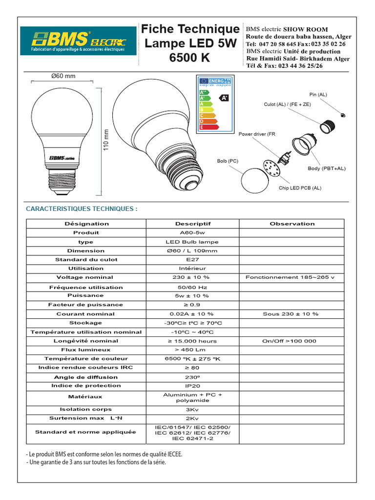 Fiche Technique Lampe LED 5W 6500K BMS | PDF