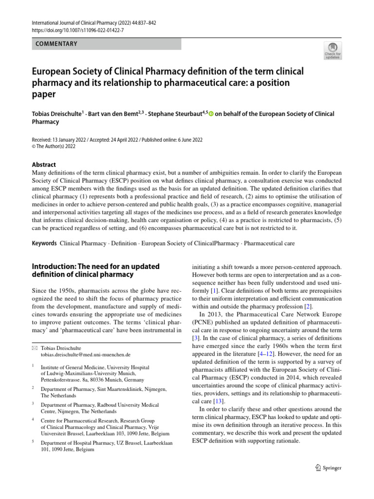 ESCP's Updated Definition of Clinical Pharmacy | PDF | Pharmacy | Wellness
