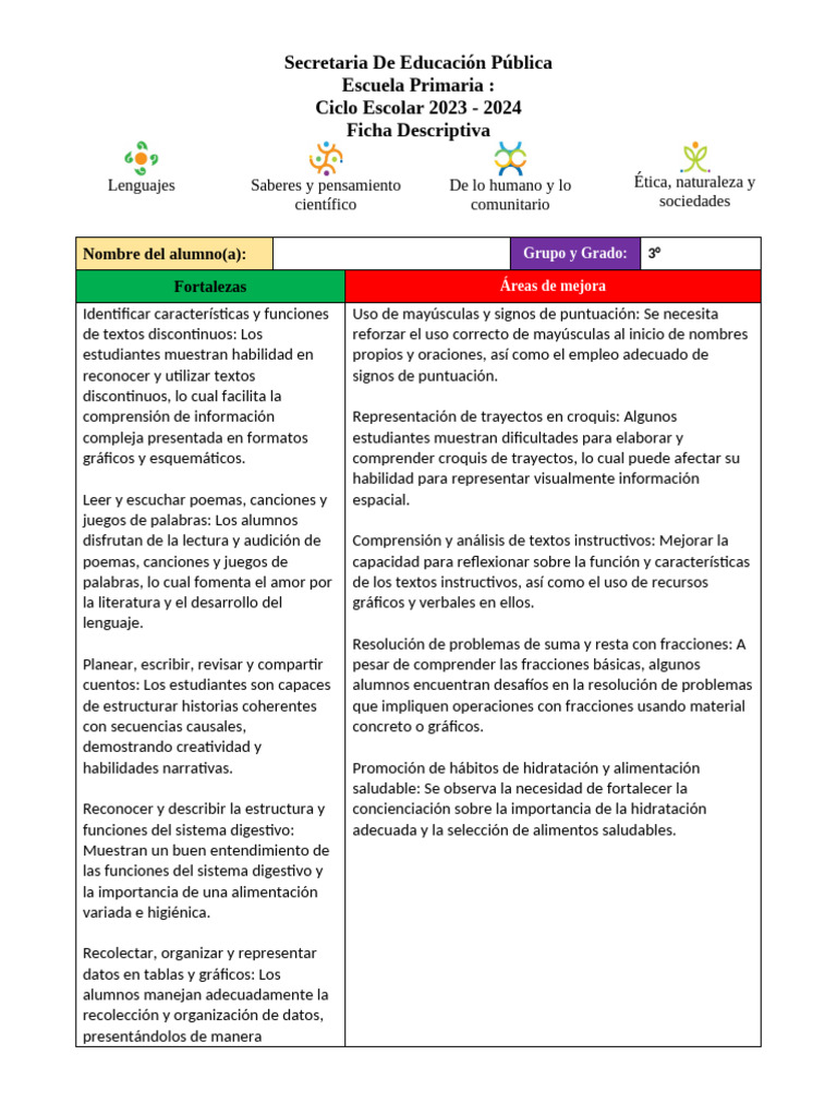 Fichas Descriptivas Alumnos 3er Grado | PDF
