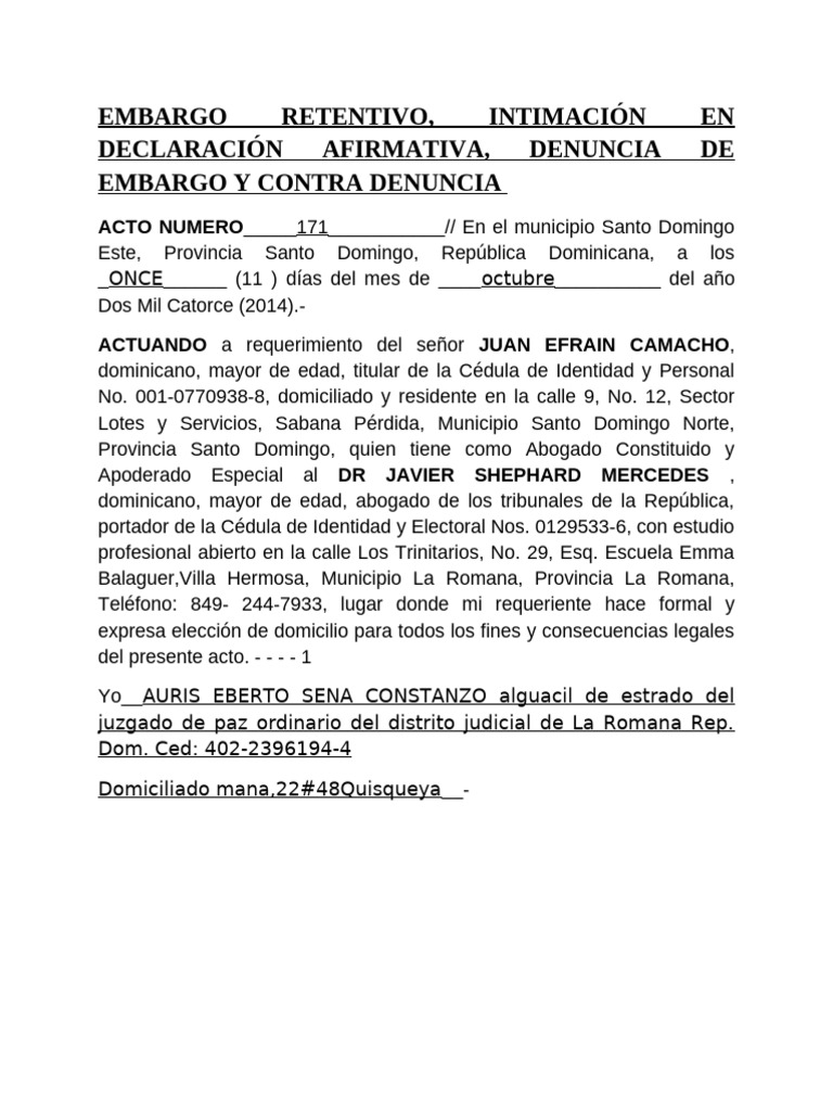 Embargo Retentivo Completo | PDF | República Dominicana | Derecho
