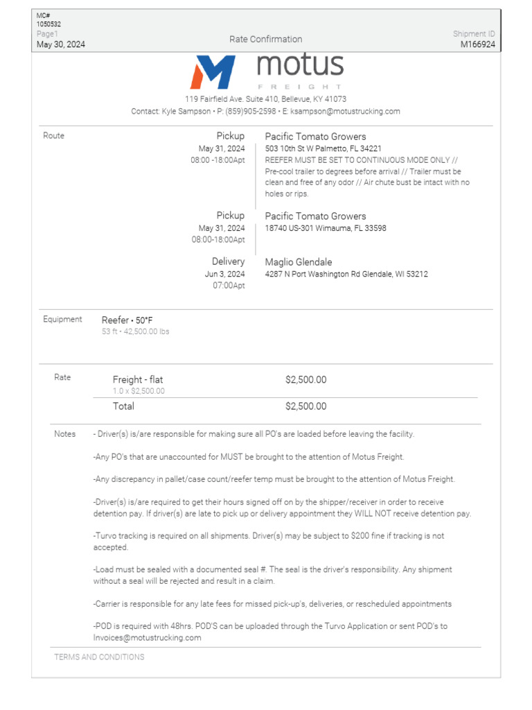 Carrier Rate Confirmation | PDF