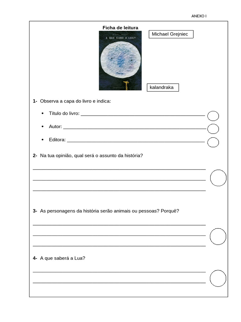 Ficha de Leitura A Que Sabe A Lua - Anexo I | PDF