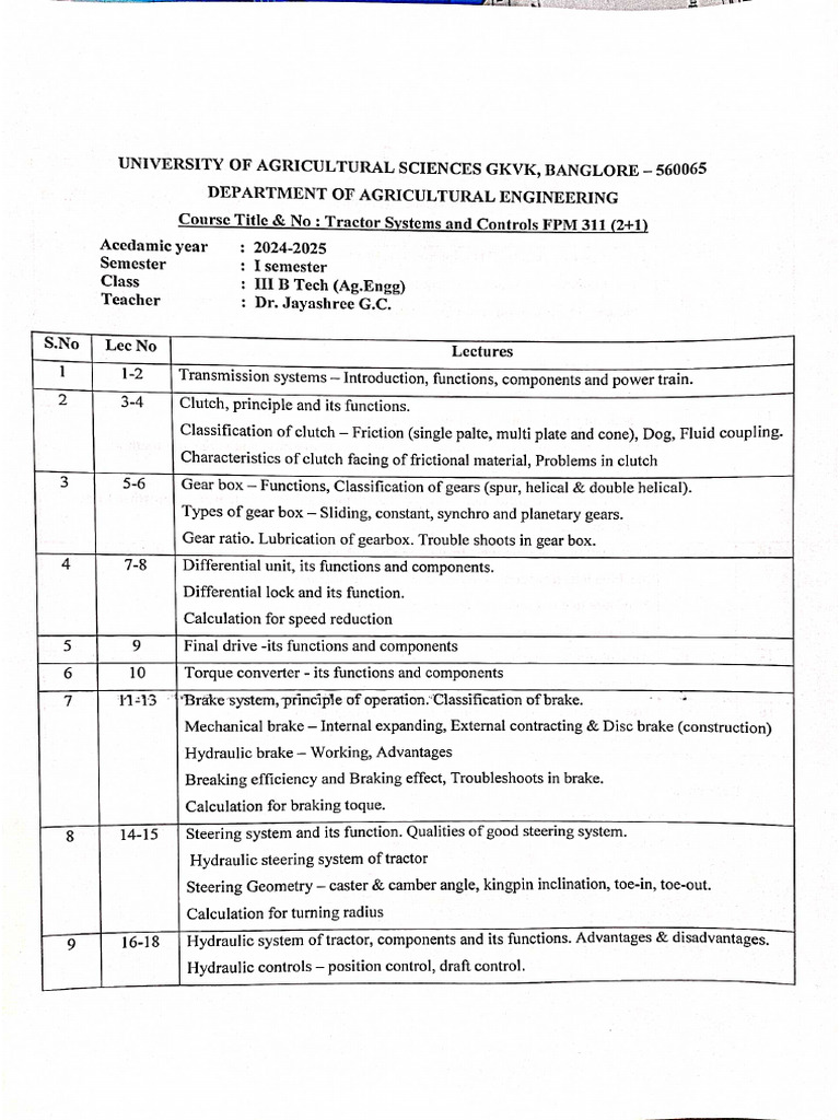 Tractor System and Control Lecture Outline FPM311 (2+1) | PDF