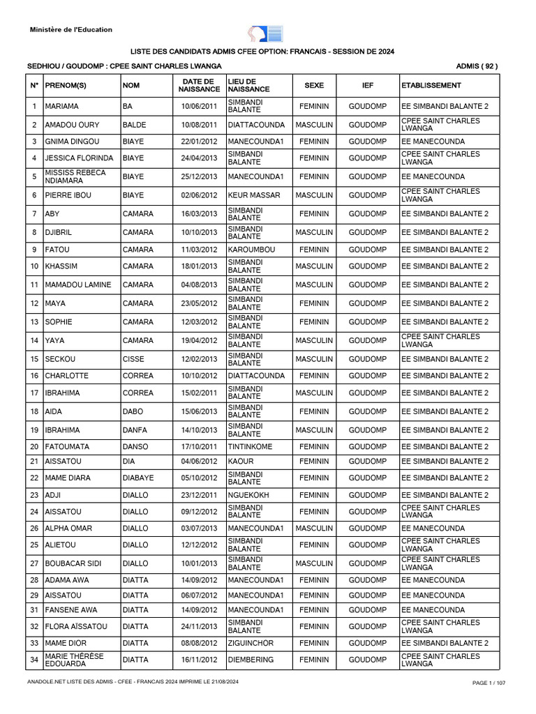 Admis CFEE 2024 IEF GOUDOMP | PDF