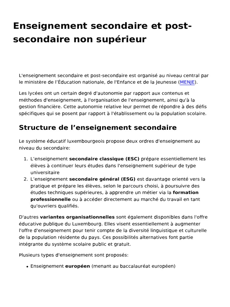 Enseignement Secondaire Et Post-Secondaire Non Supérieur | PDF